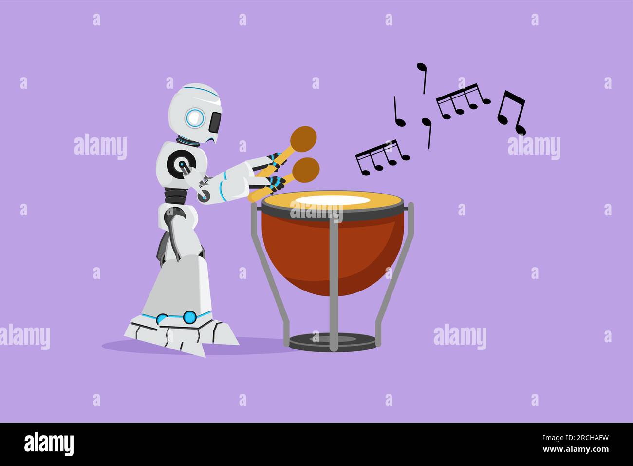 Flat cartoon style drawing active robot percussion player holding stick ...