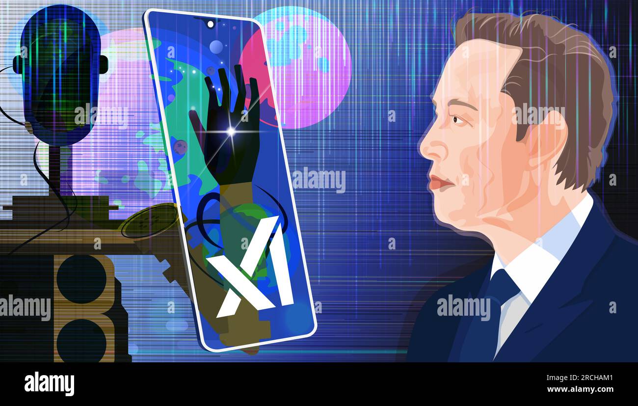 Elon Musk founded xAI. Elon Musk portrait, robot and xAI inscription ...