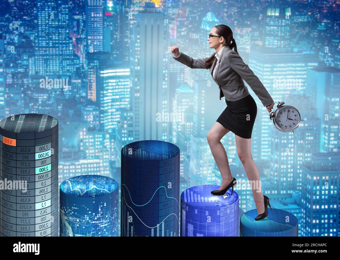 The businesswoman rushing with clock on bar charts Stock Photo - Alamy