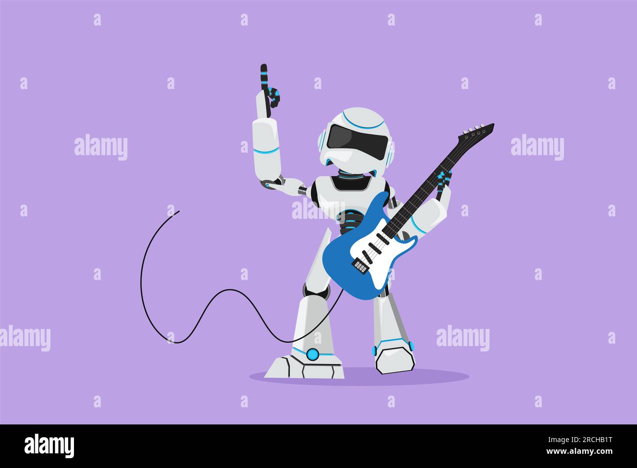 Flat cartoon style drawing modern robot guitarist perform playing ...