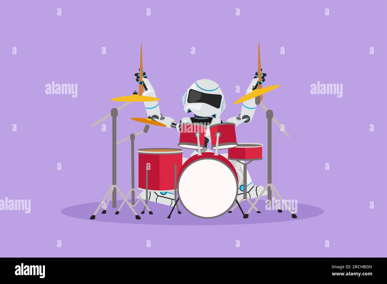 Flat cartoon style drawing robot musician playing drum instrument at ...