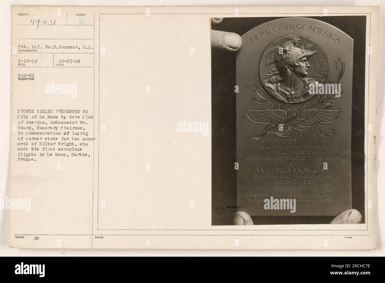 Bronze tablet presented to the City of Le Mans by the Aero Club of ...