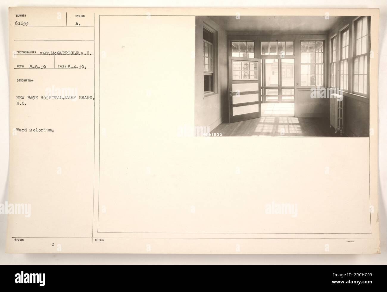 The image shows the new base hospital at Camp Bragg, N.C. The solarium ...