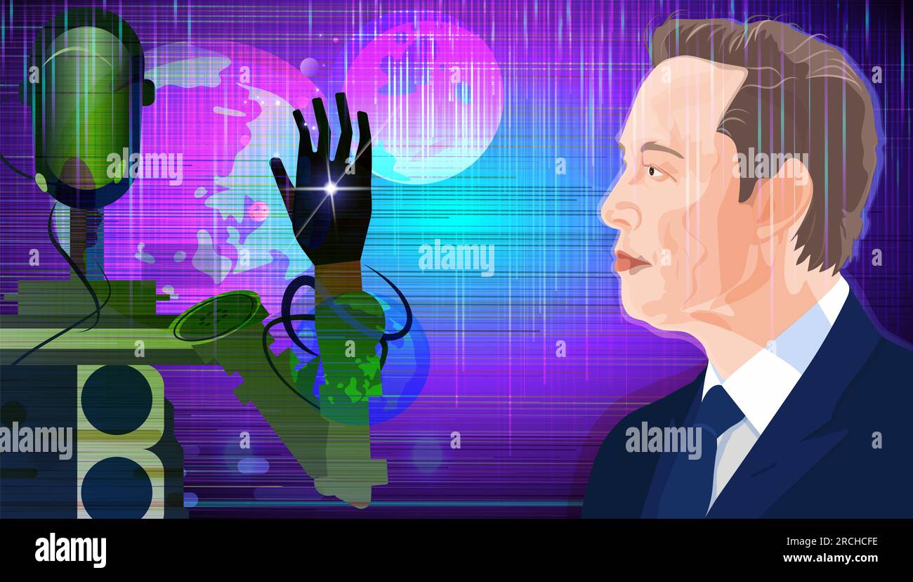 Portrait of Elon Musk, robot and space. Tesla CEO Elon Musk and Tesla ... Portrait of Elon Musk, robot and space. Tesla CEO Elon Musk and Tesla ...