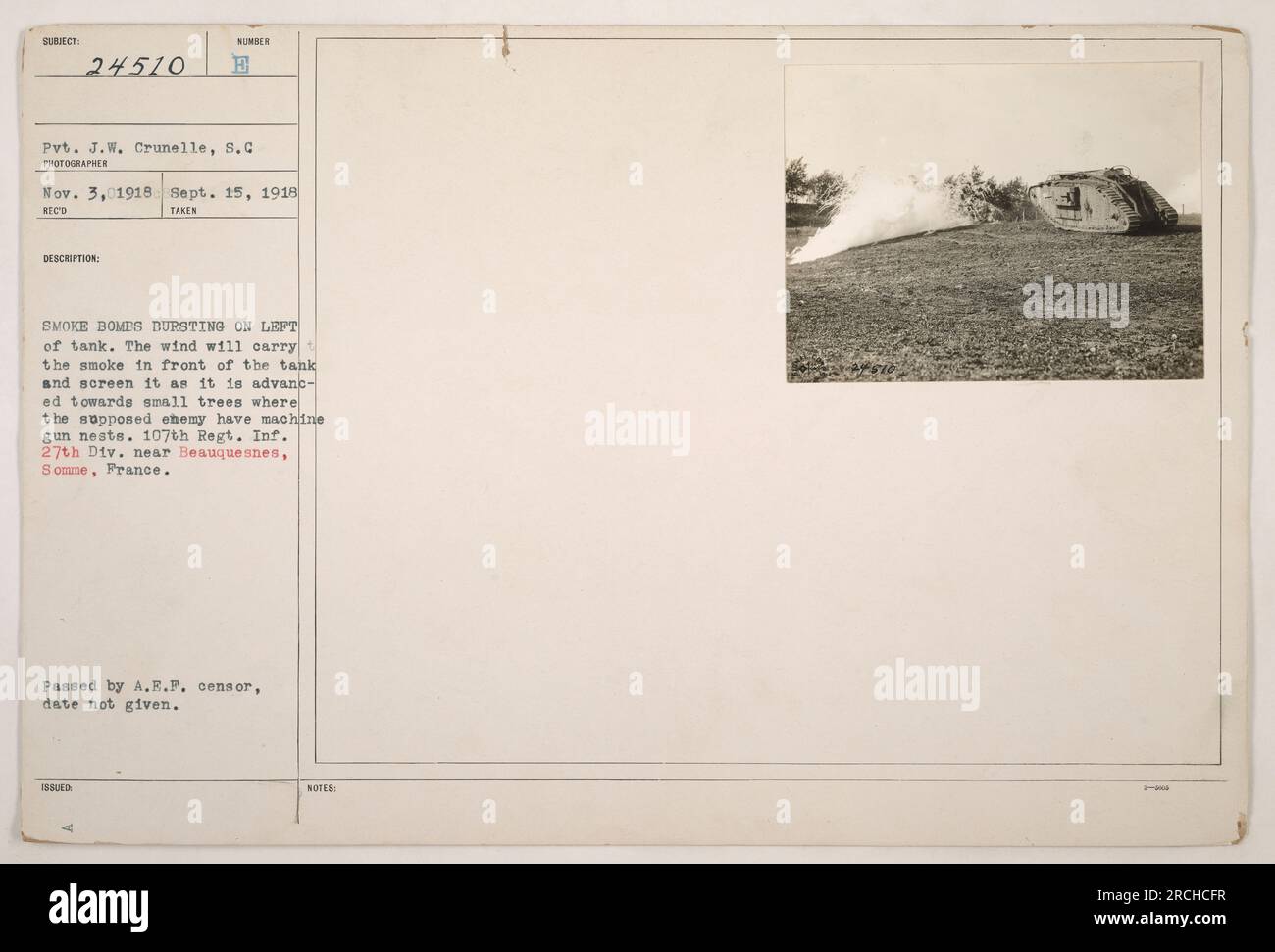 Soldier Pvt. J.W. Crunelle of the 8.C is pictured on November 3, 1918 ...