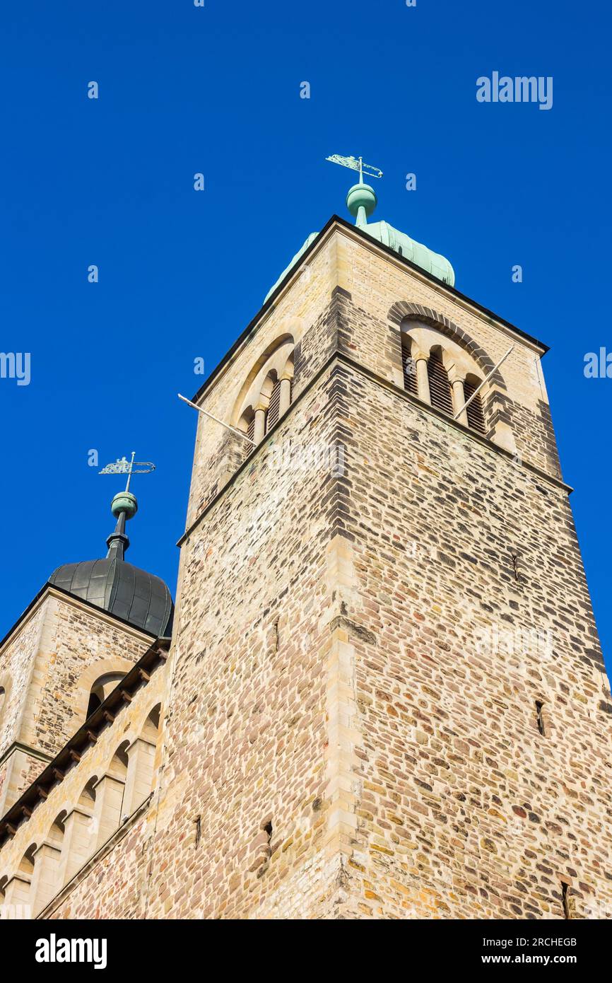 Towers of the historic Sankt Sebastian church in Magdeburg, Germany ...