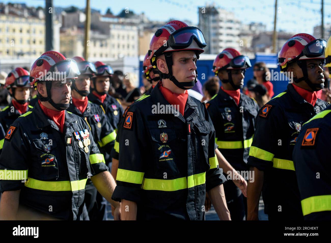 French firefighters from Marseille march during a military parade ...