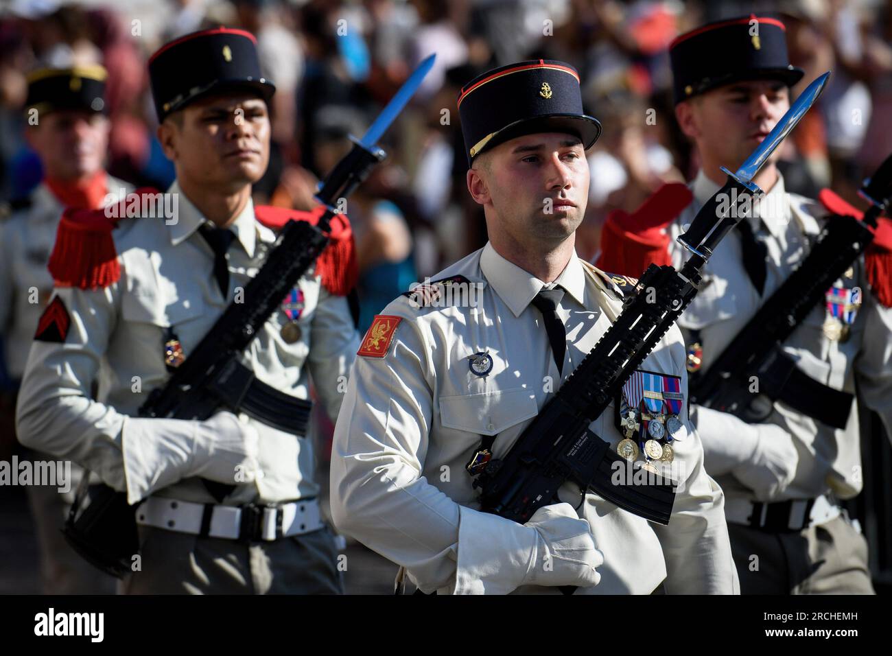 French naval personnel seen marching during a military parade ...