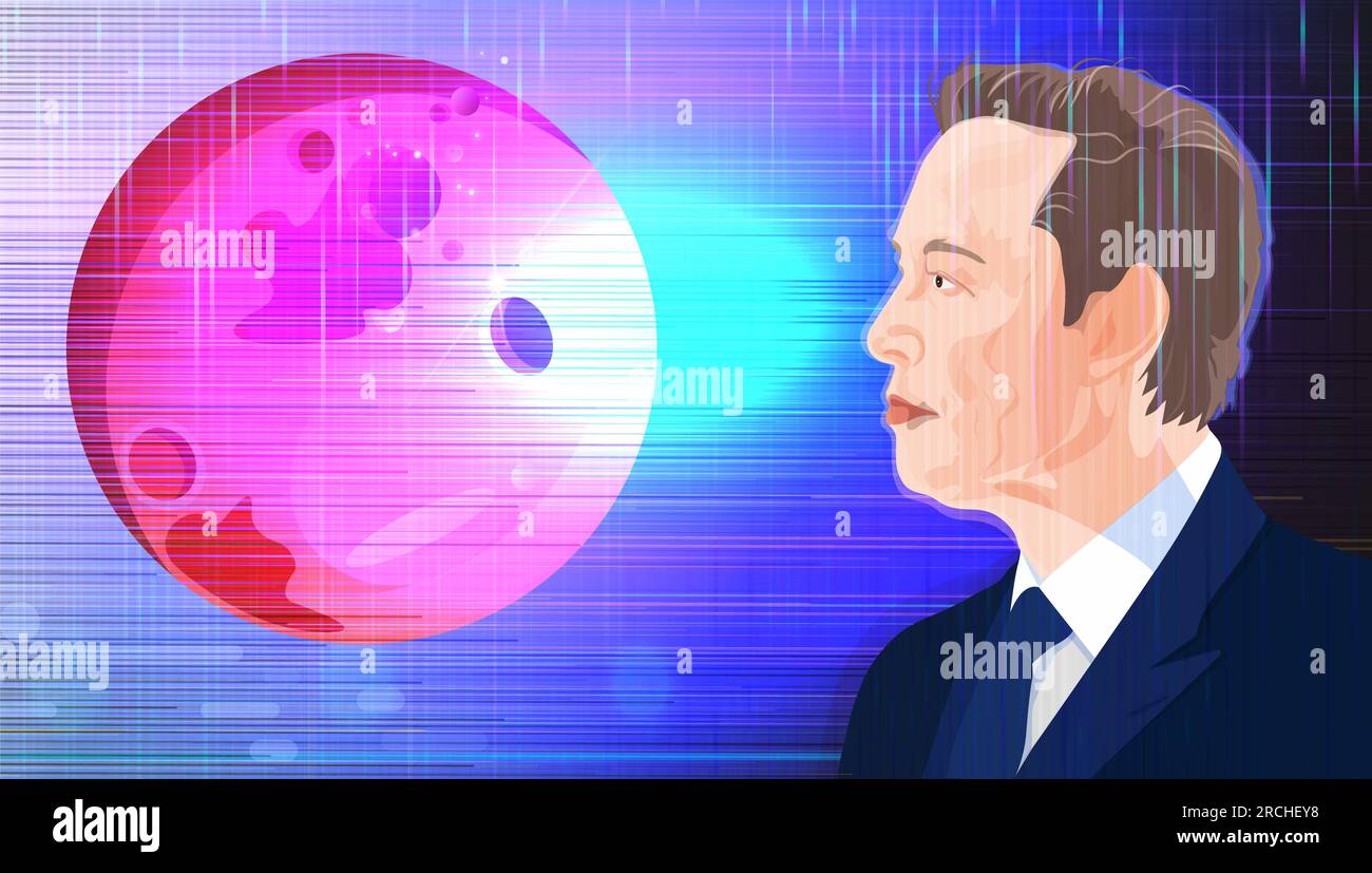 Illustration of Elon Musk and the planet Mars. Famous founder, CEO and ...