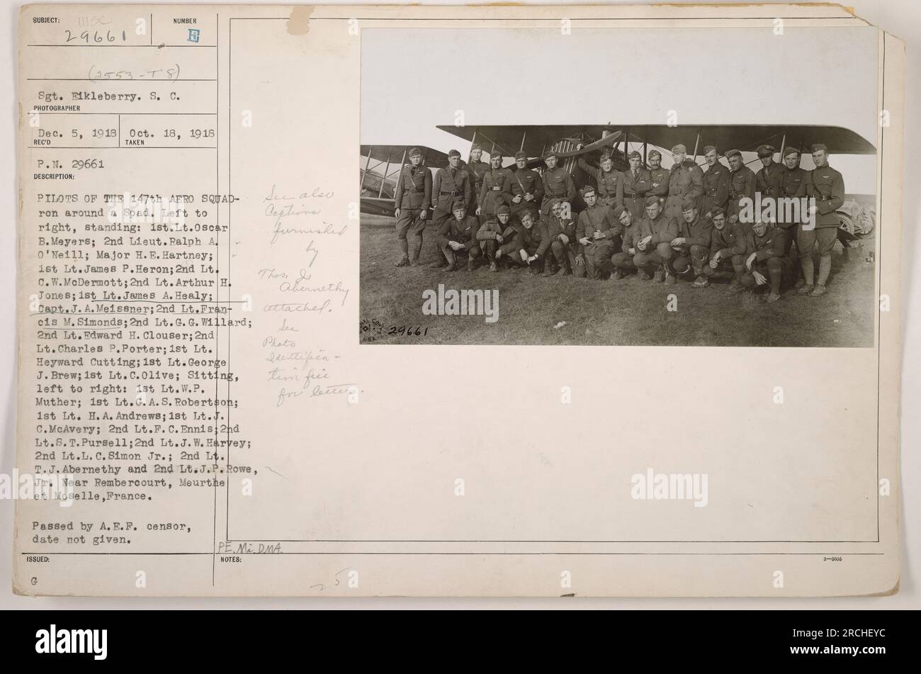 Pilots of the 147th Arrow Squadron pose around a Spad airplane during ...