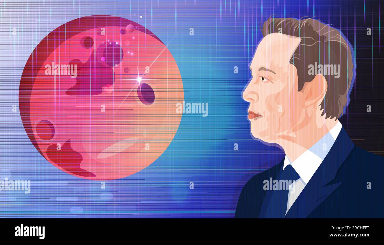 Illustration of Elon Musk and the planet Mars. Famous founder, CEO and ...