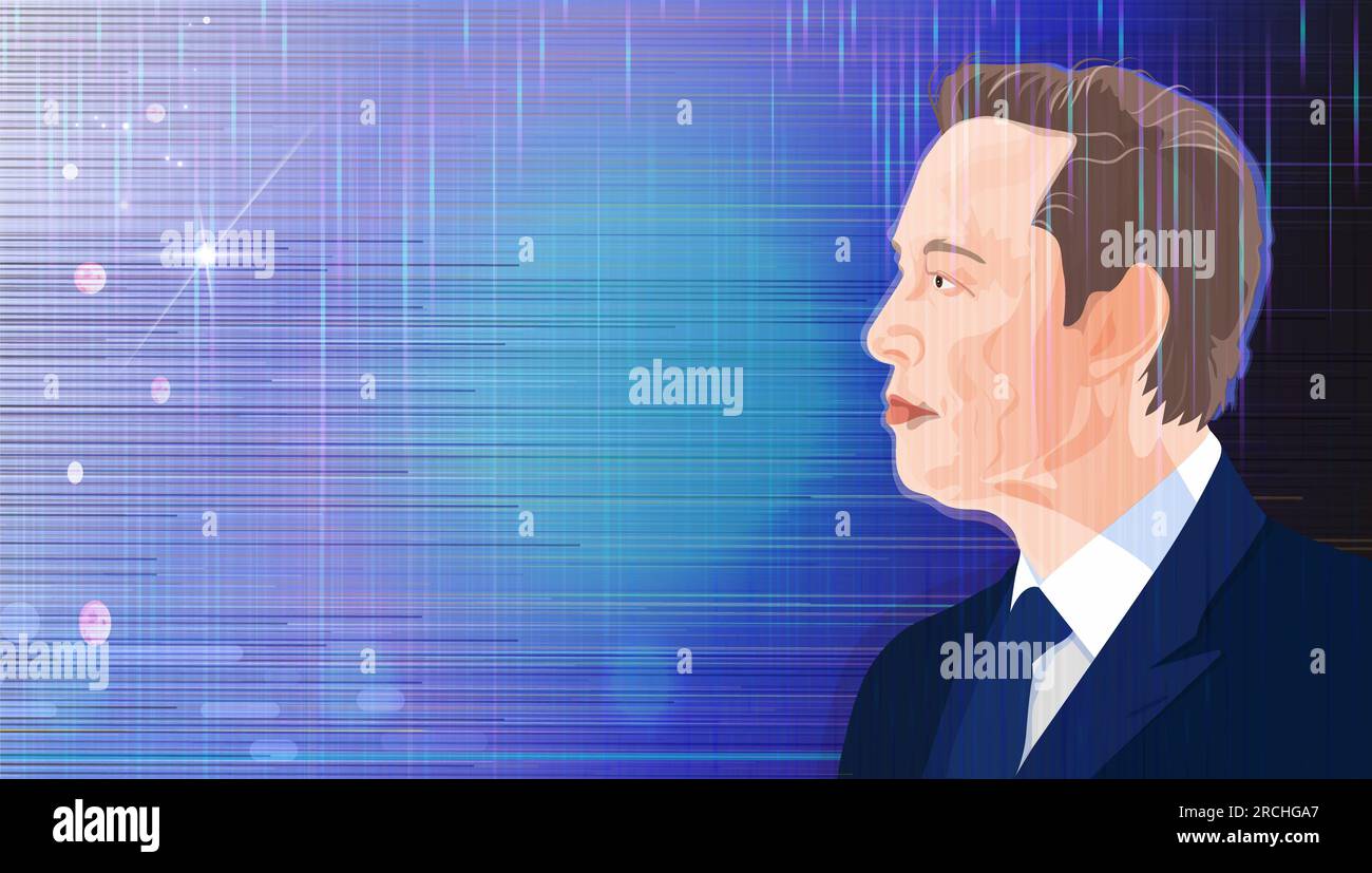 Portrait of famous founder, CEO and entrepreneur Elon Musk against an ...