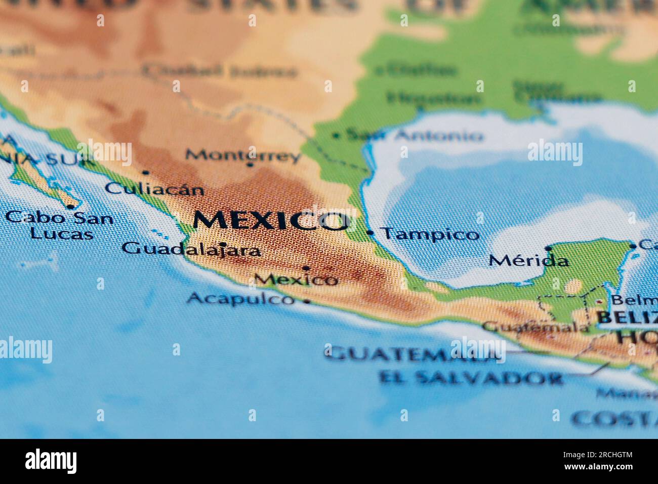 world map with north american continent, mexico and borderline in focus ...