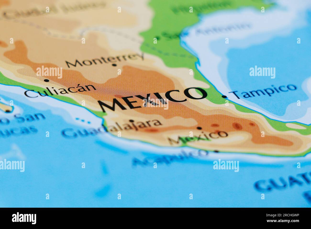 world map with north american continent, mexico and borderline in focus ...
