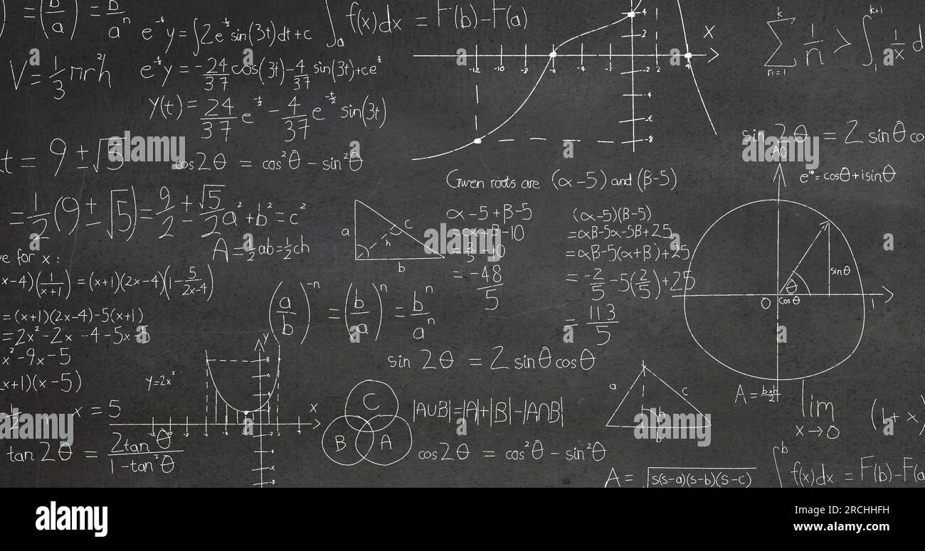 Composite of mathematical data processing over dark background Stock ...