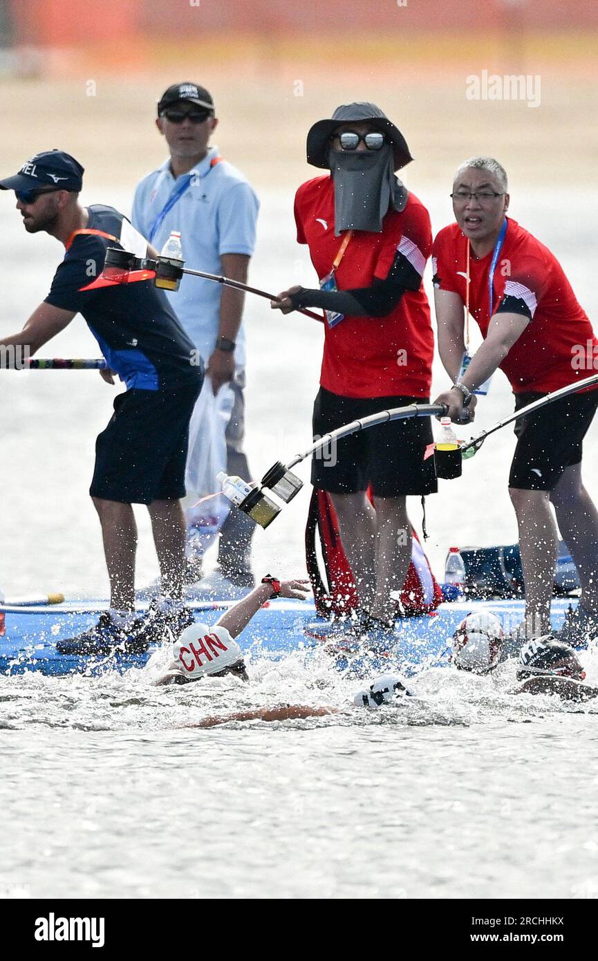 Fukuoka, Japan. 15th July, 2023. Sun Jiake (bottom) of China drinks ...