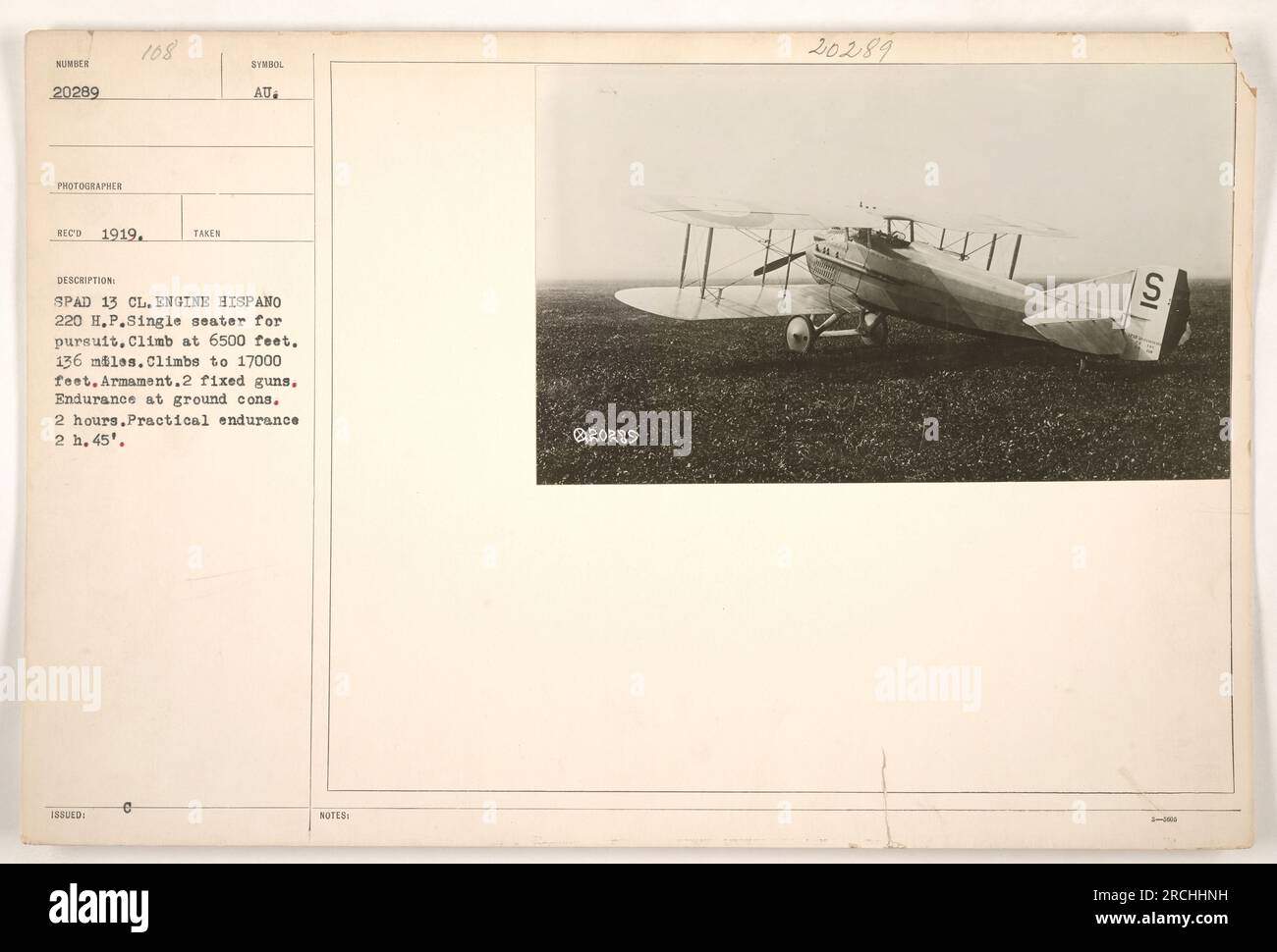 A photograph of a SPAD 13 CL aircraft during World War One. The ...