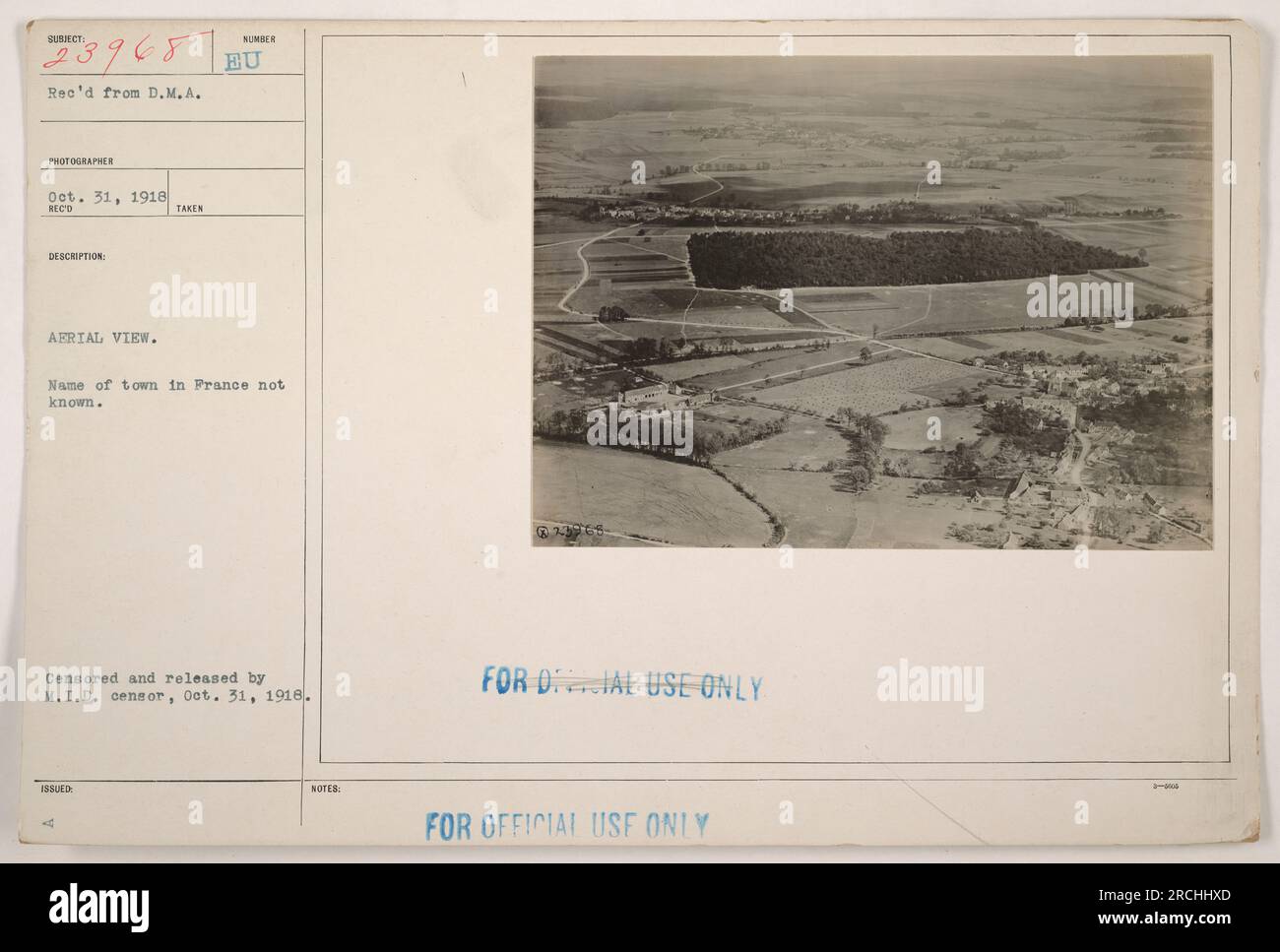 Aerial view of an unknown town in France during World War One. The ...