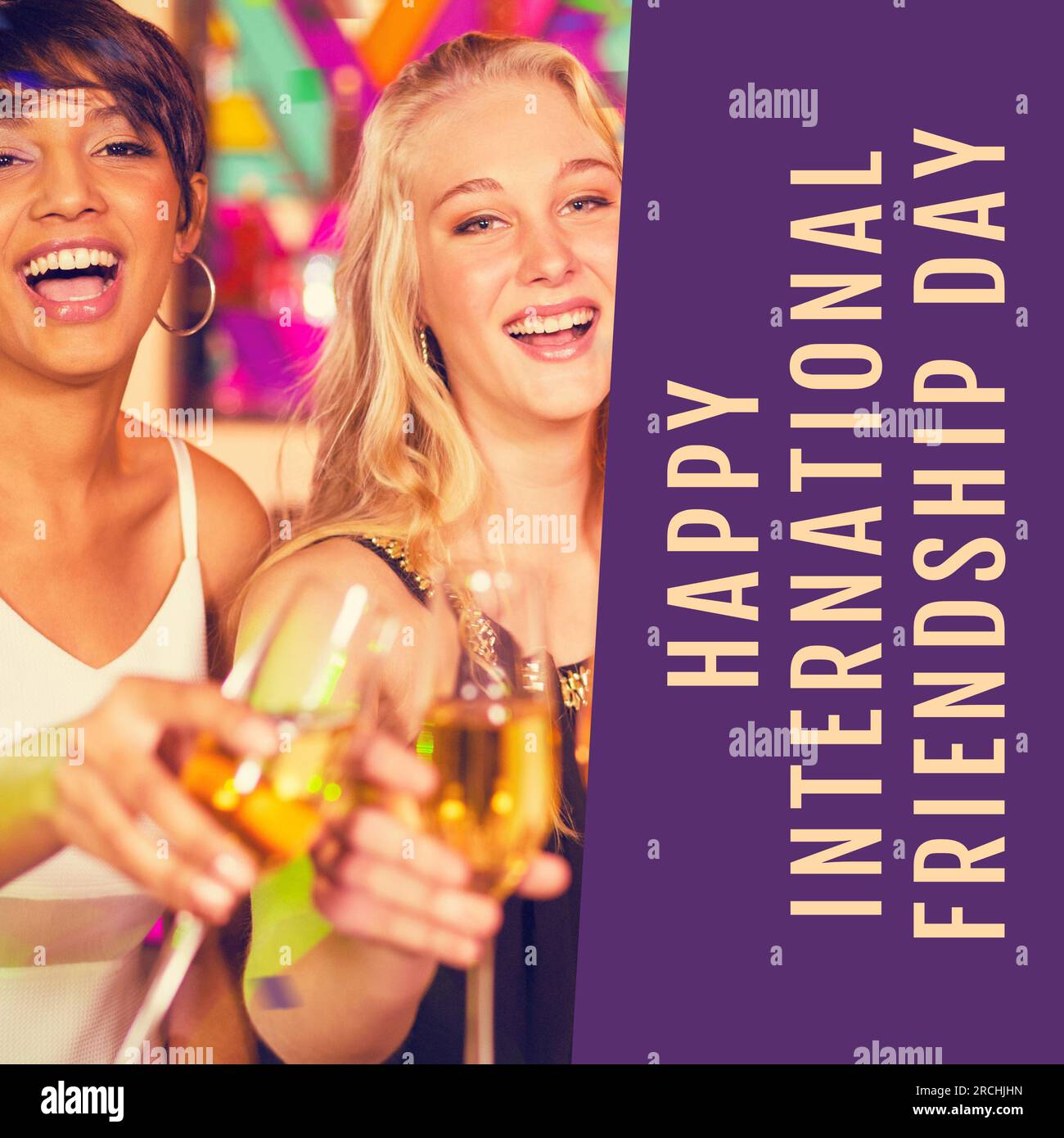 Happy international friendship day text with happy diverse female ...