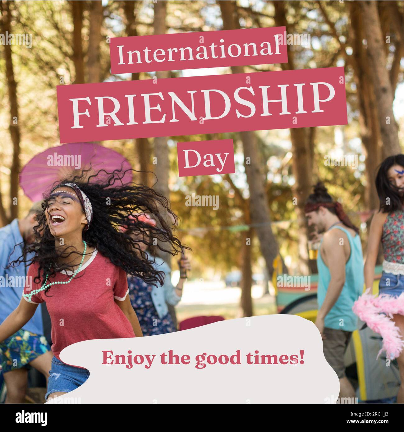 International friendship day text with happy diverse friends dancing at ...
