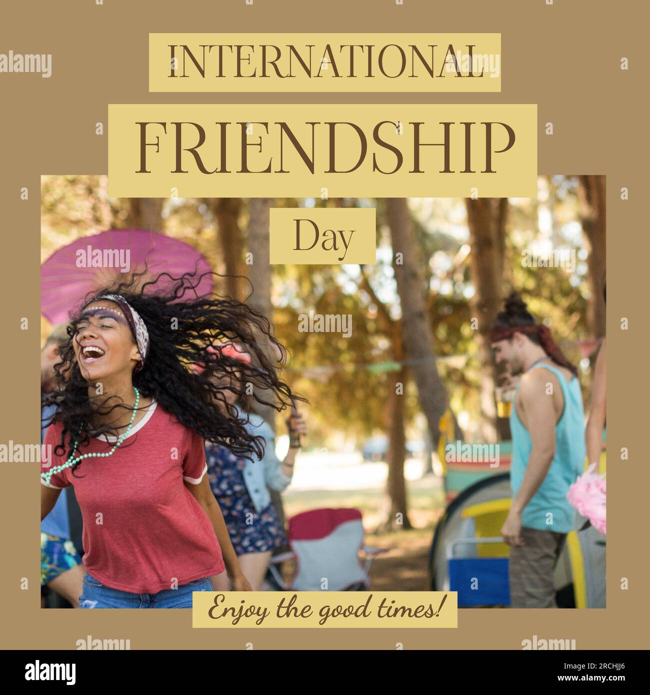 International friendship day text with happy diverse friends dancing at ...