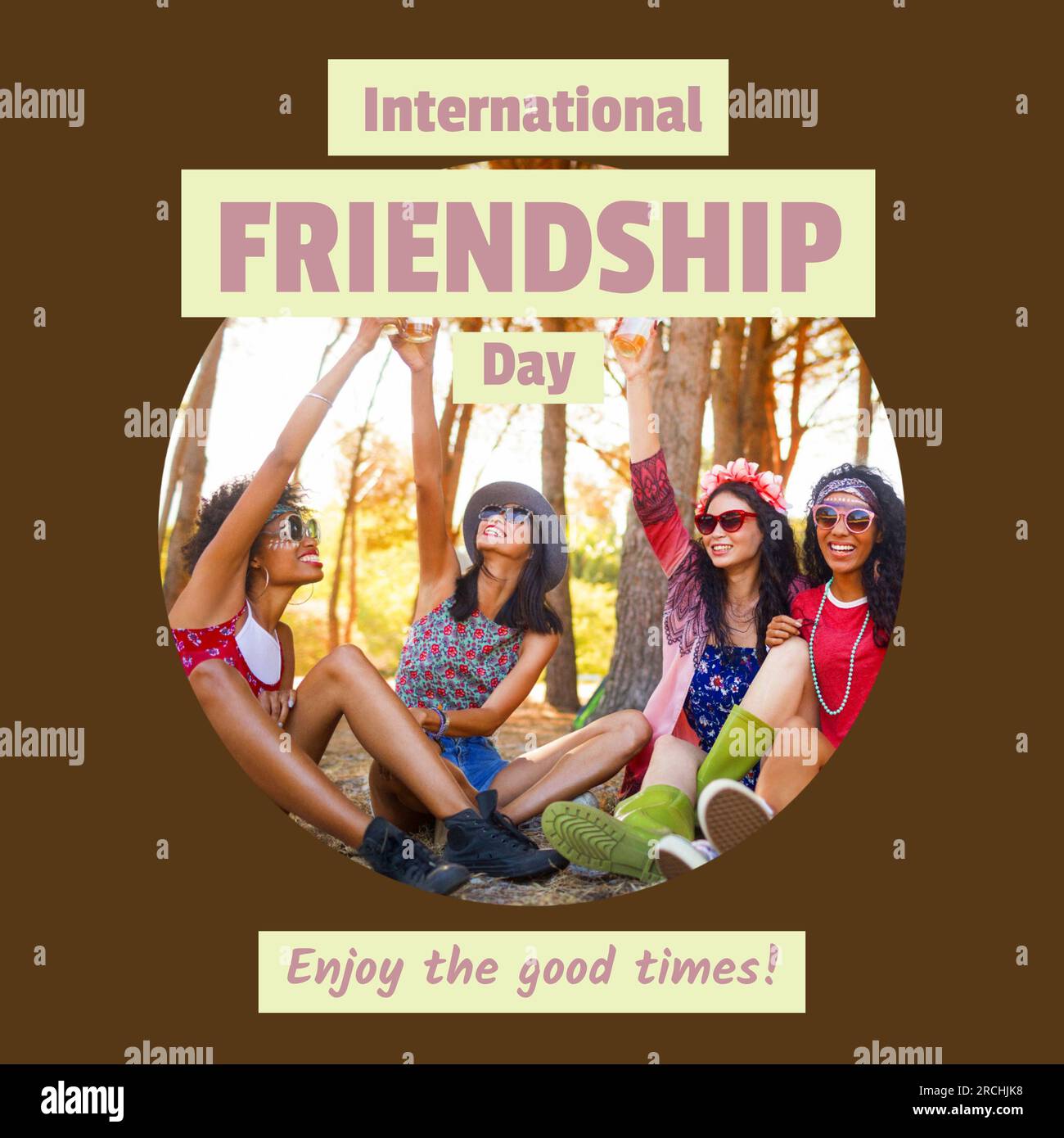 International friendship day text with happy diverse female friends ...