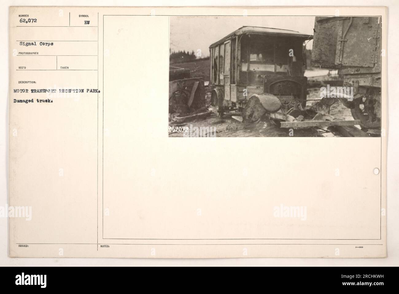 Motor Transport Reception Park: Photograph of a damaged truck with the ...