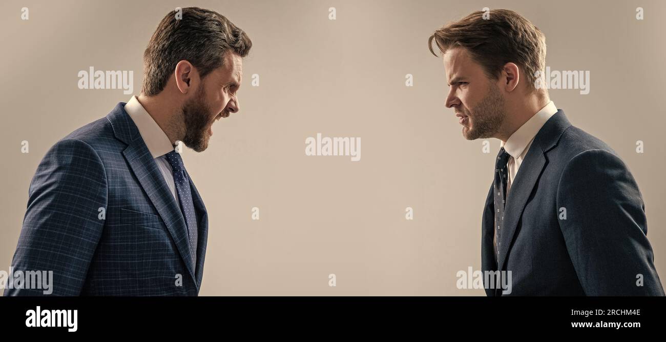 Man face portrait, banner with copy space. two angry businessmen ...