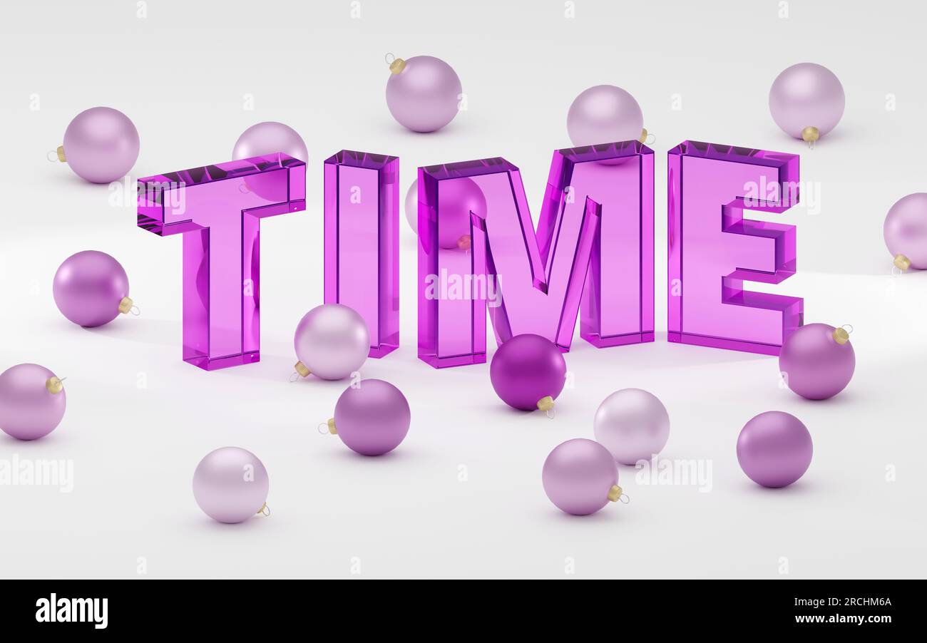 Glass letters inscription Time on grey podium, soft light, front view ...