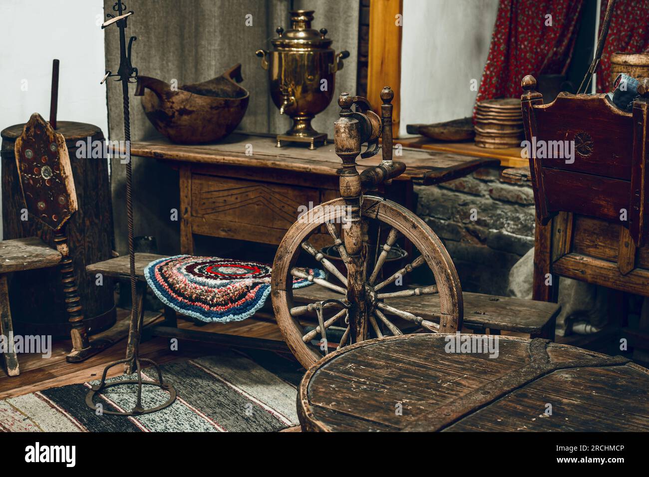 Living room with antique furniture and outdated utensils. Rural life of ...