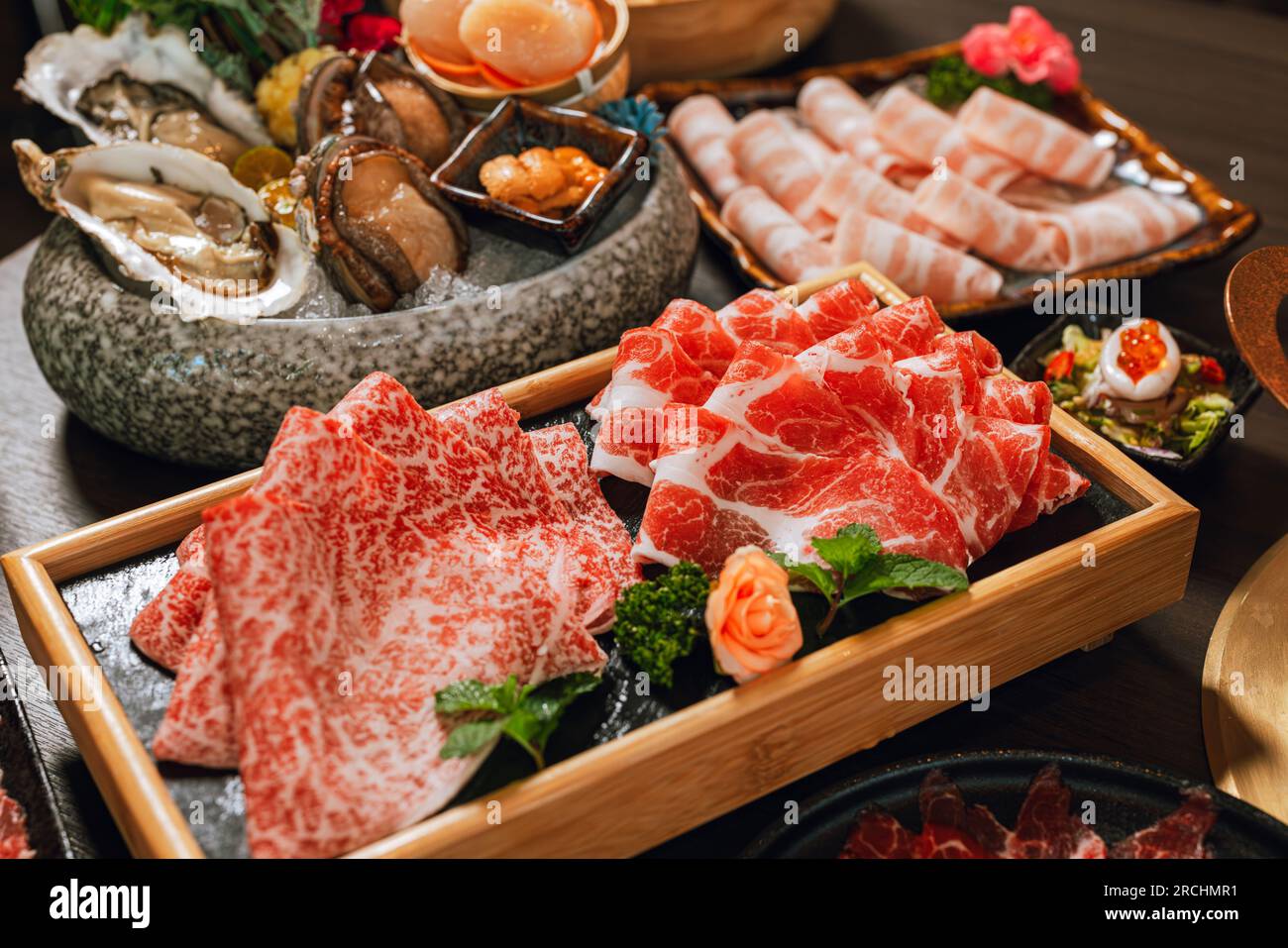 Seafood cuisine plate and beef sliced meat for hot pots. pork slices ...