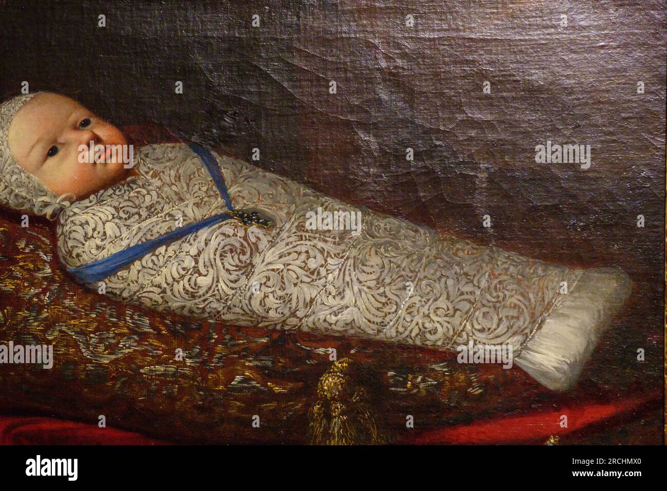 newborn wrapped in embroidered fabric, Louis XIV ?, circle of Beaubrun ...