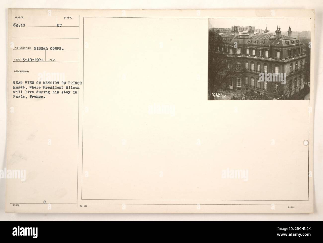 Rear view of Prince Murat's Mansion in Paris, where President Wilson ...