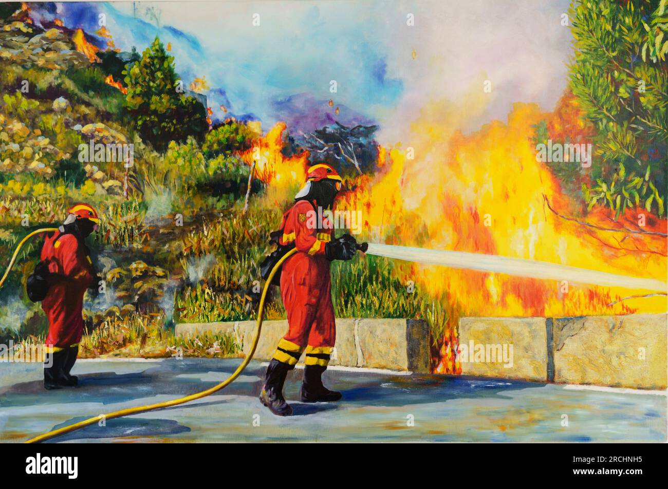 Ubi Dolor, Ibi Vigiles, army fire brigade putting out a fire, oil on ...