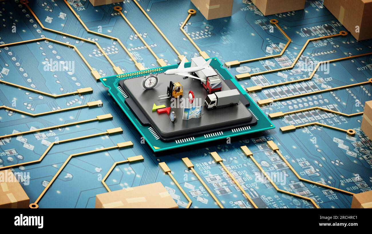 Large group of cardboard boxes connected to microchip. 3D illustration ...