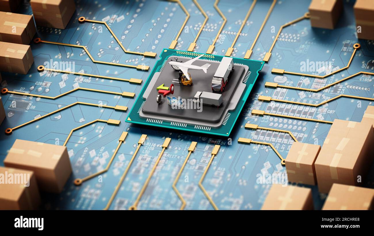 Large group of cardboard boxes connected to microchip. 3D illustration ...