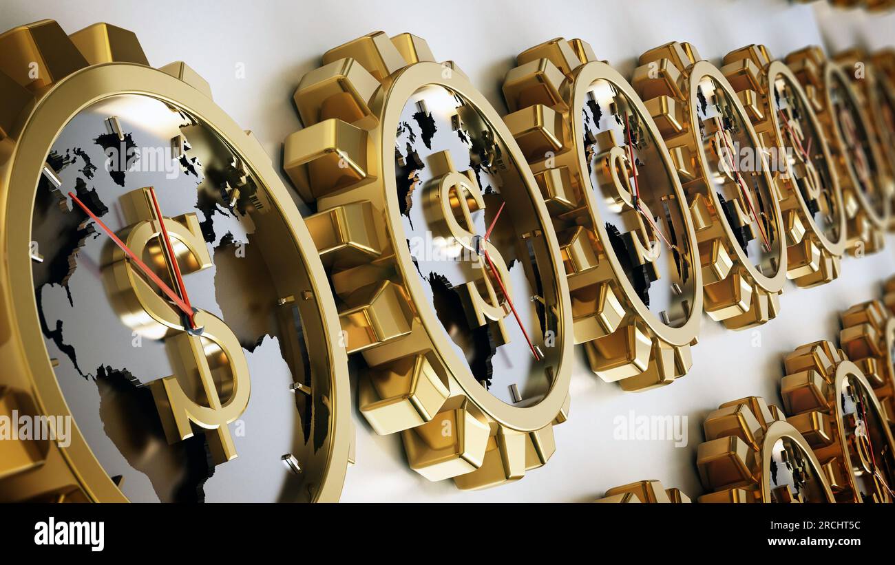 Gear shaped clocks with dollar sign. Earth map at the center. 3D ...