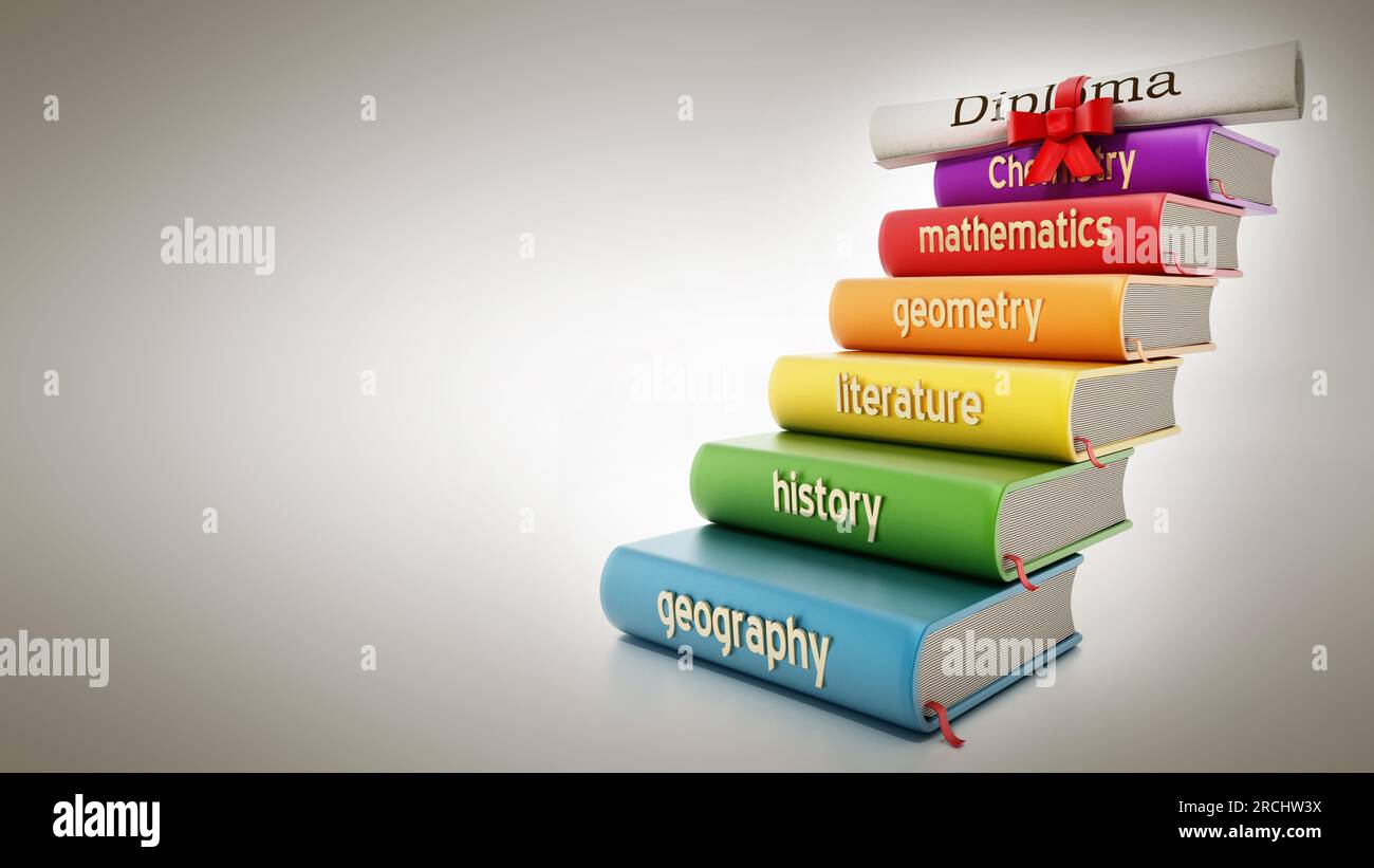 School course books forming a staircase through a diploma. 3D ...