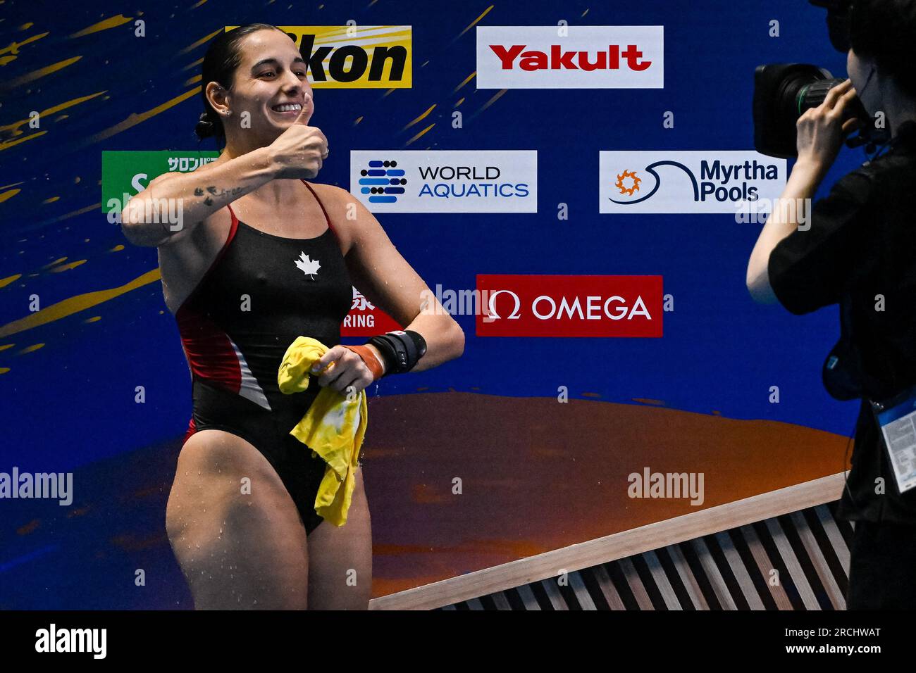 Fukuoka, Japan. 15th July, 2023. Pamela Ware of Canada reacts after ...