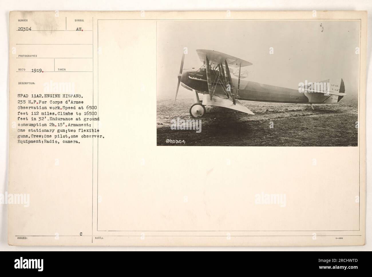 Spad 11 A2, equipped with a Hispano 235 H.P. engine, was used for Corps ...