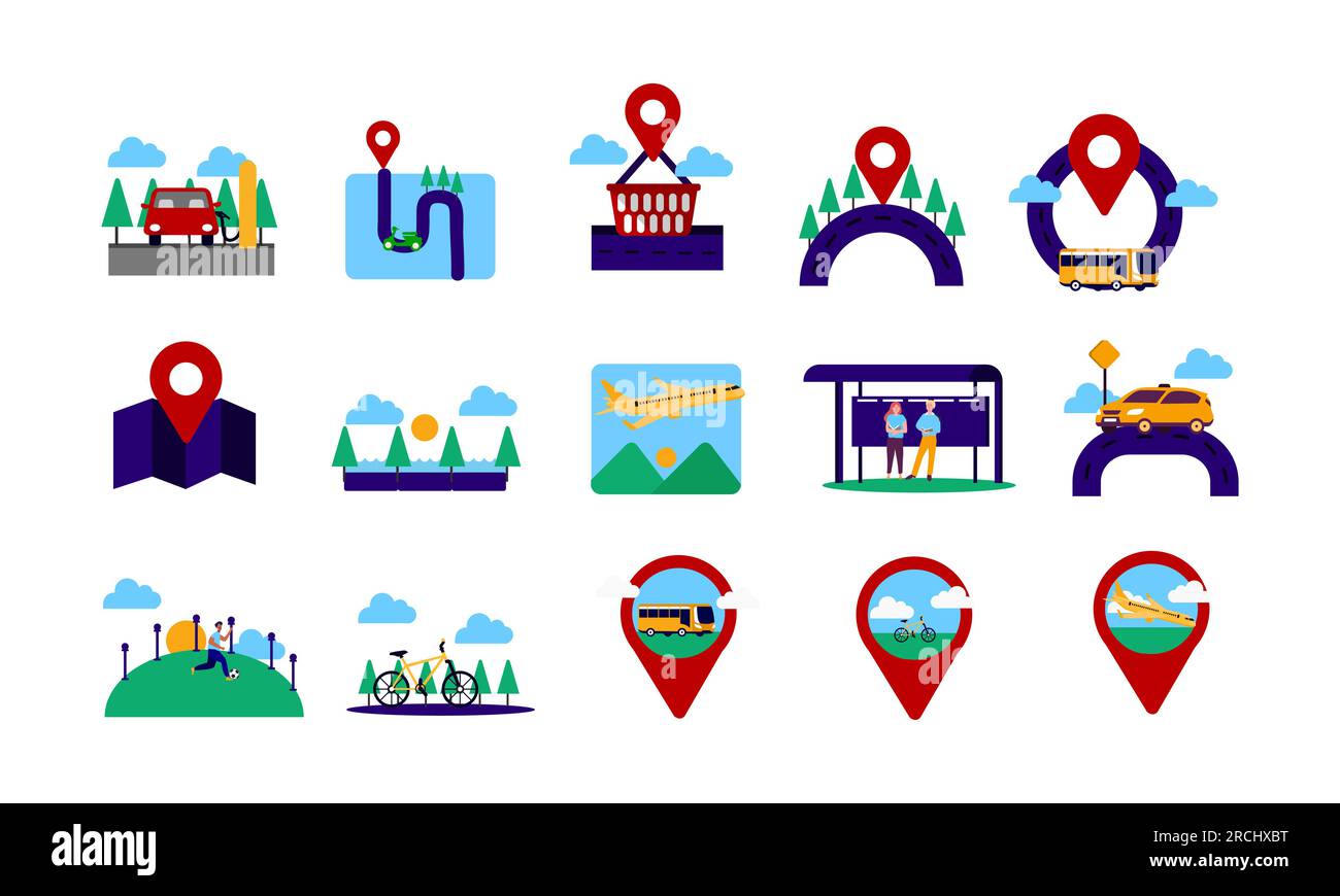 Icon set GPS map location travel navigation journey with bike car taxi bus and airplane ...