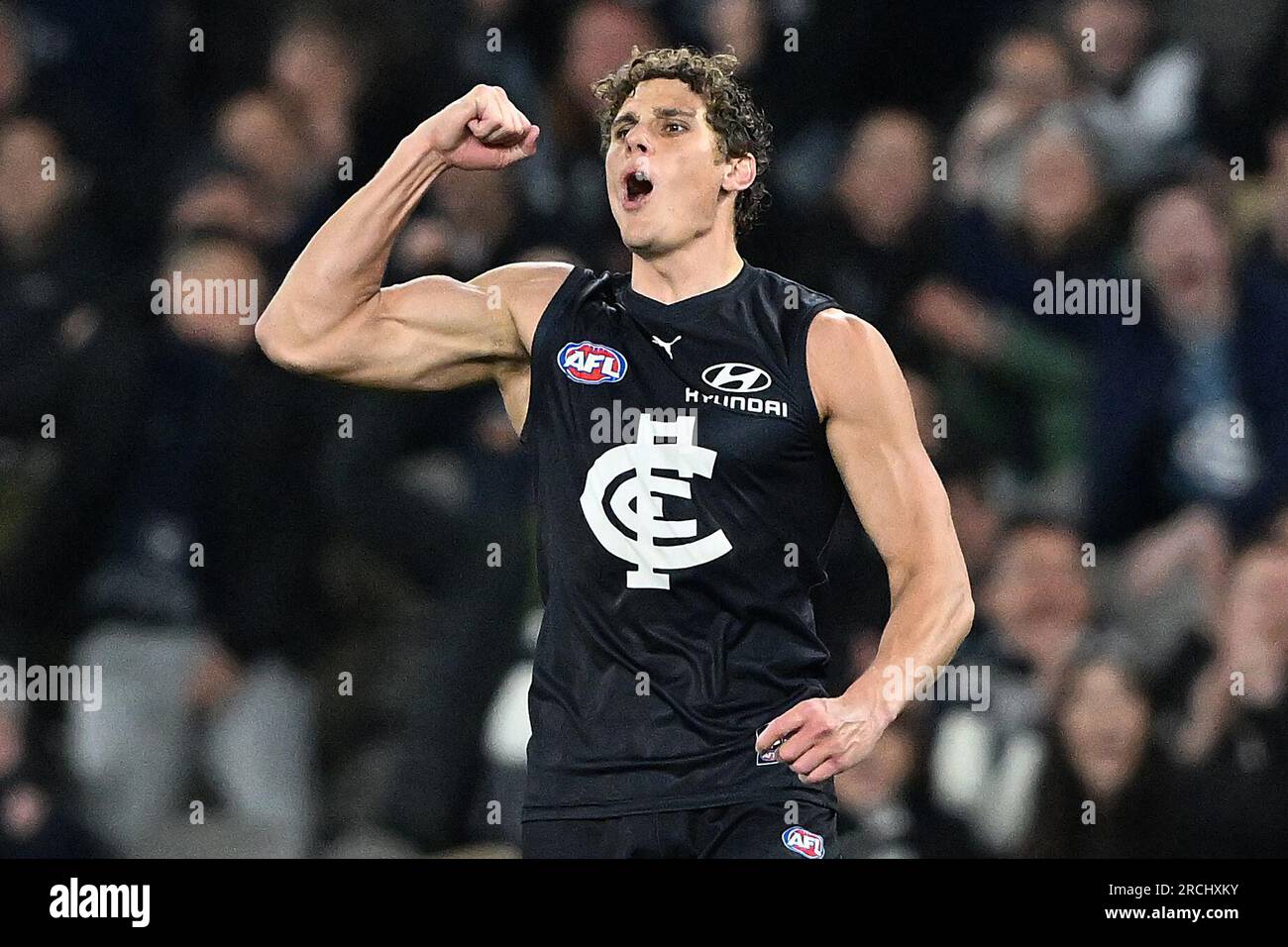 Melbourne, Australia. 15th July, 2023. Ed Curnow of Carlton reacts ...