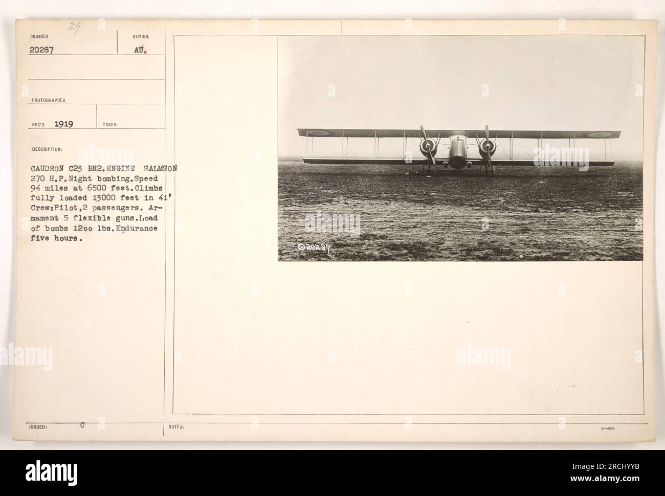 Night bombing mission conducted by a Caudron C23 BN2 aircraft powered ...