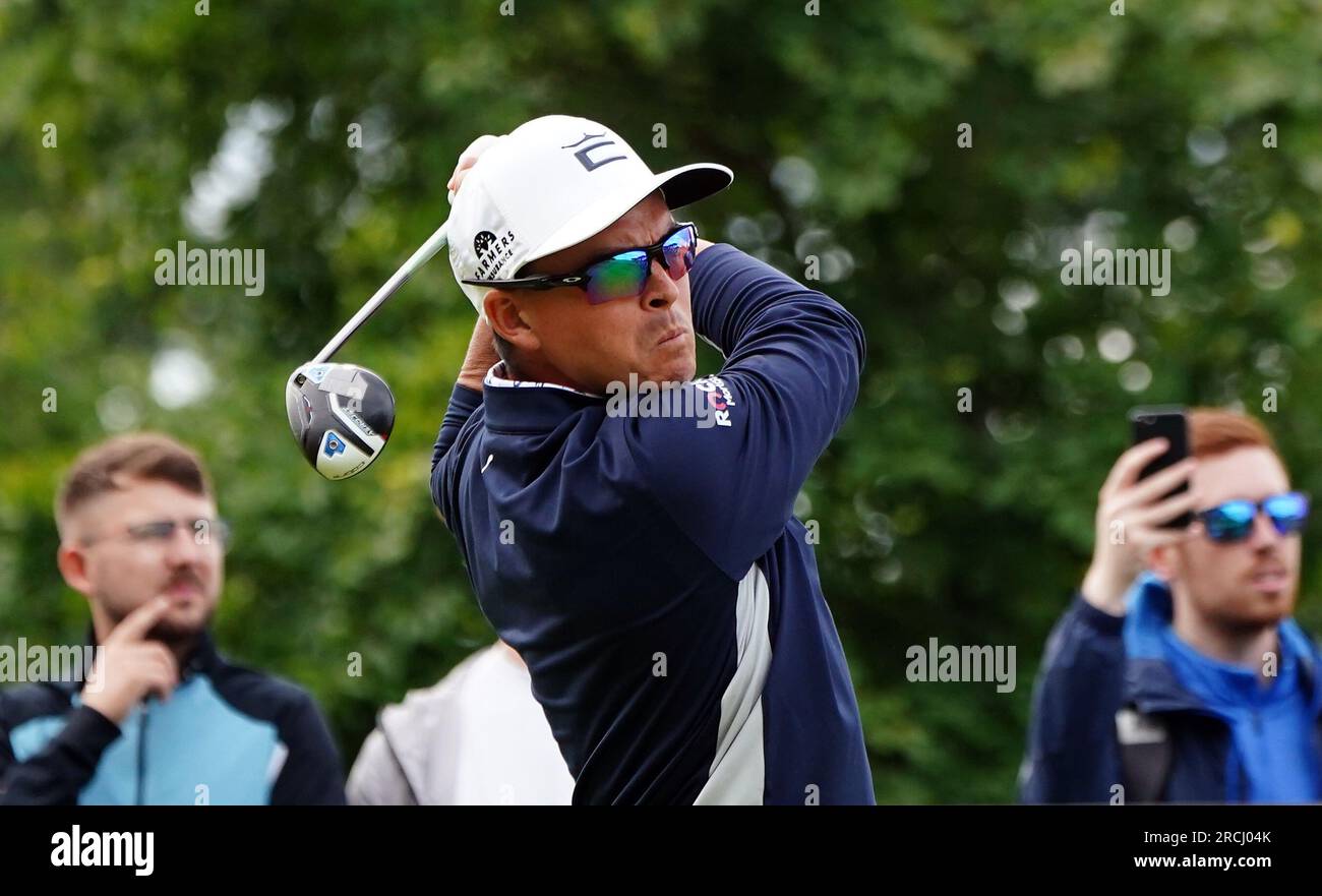 Rickie Fowler tees off on the 4th hole on day three of the Genesis Scottish Open 2023 at The ...