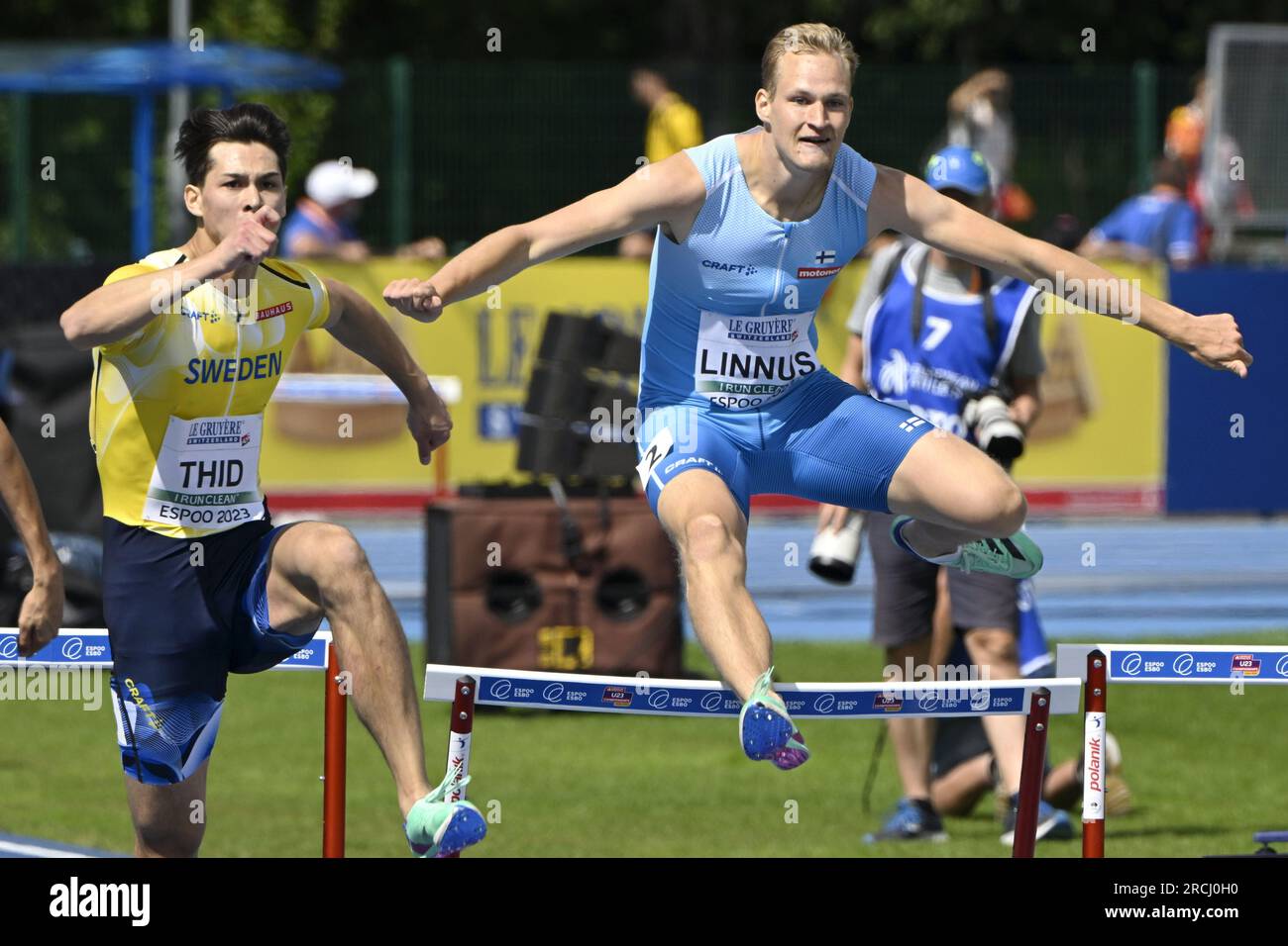 Espoo, Finland. 15th July, 2023. David Thid (L) of Sweden and Jaakko ...