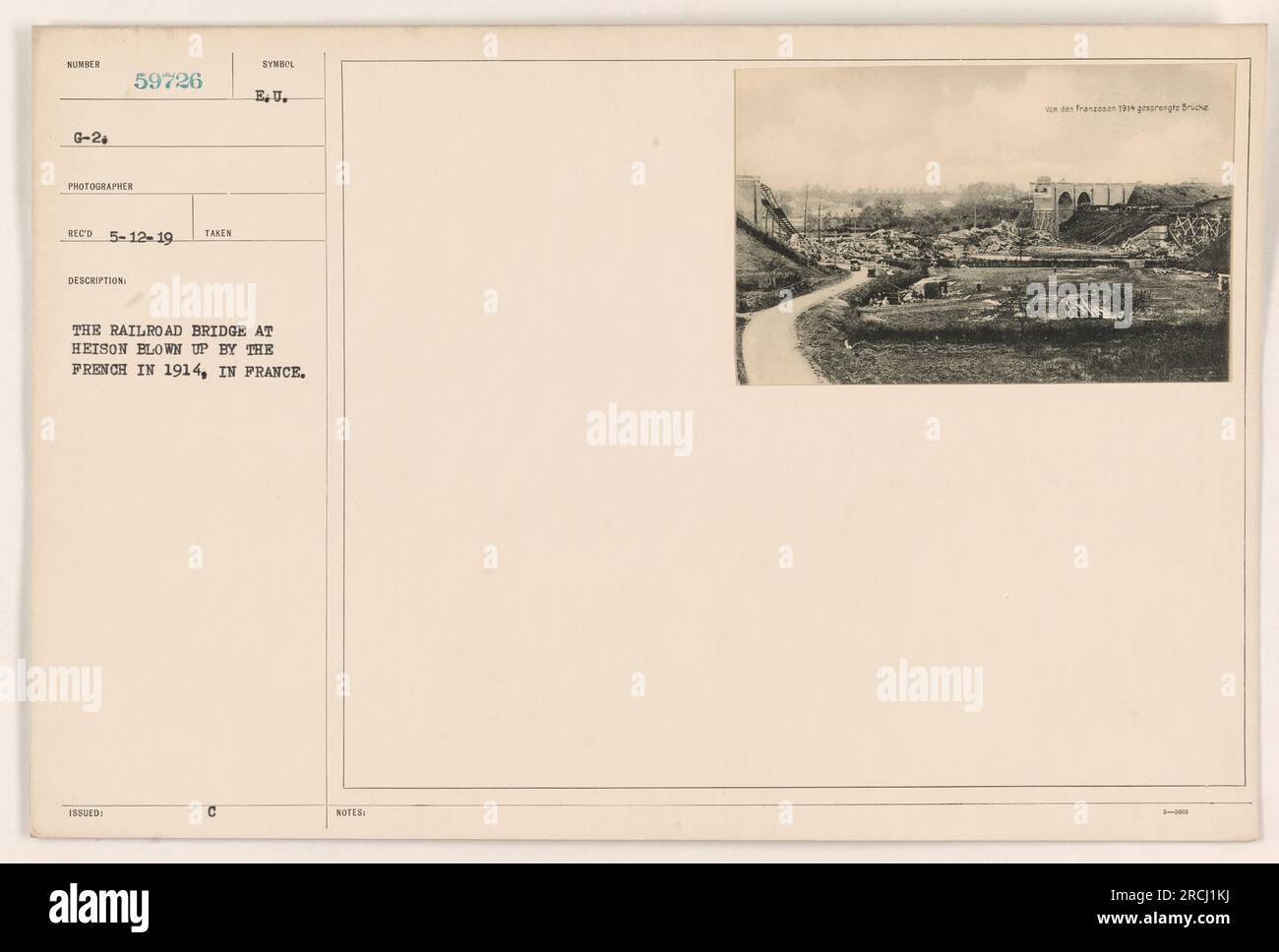 Caption: The railroad bridge at Henson blown up by the French in 1914 ...