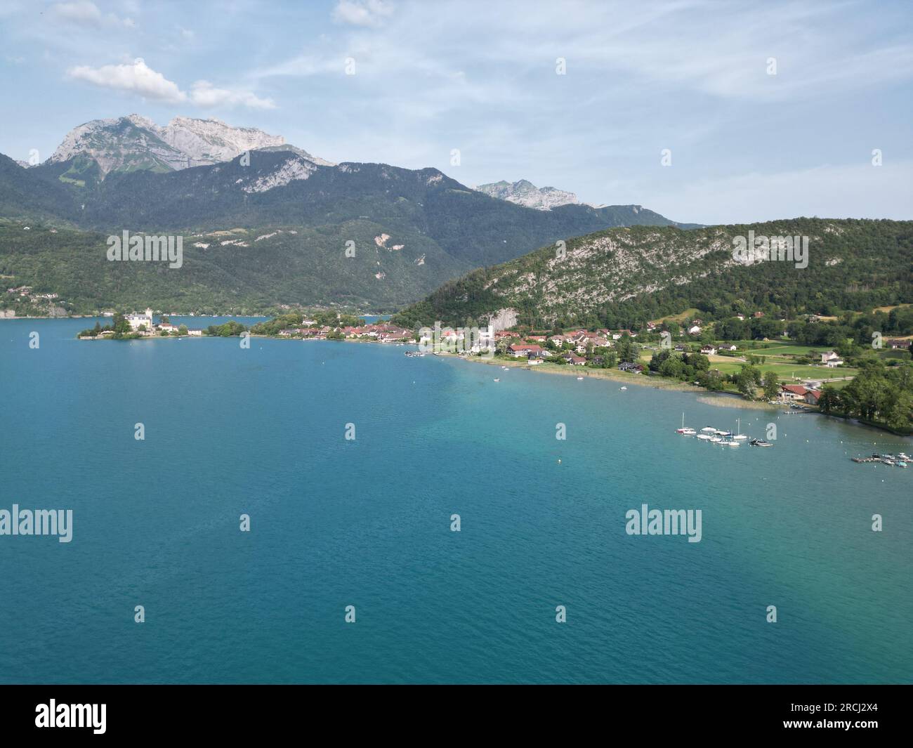 Lake Annecy France aerial drone blue skys sunny day Stock Photo - Alamy
