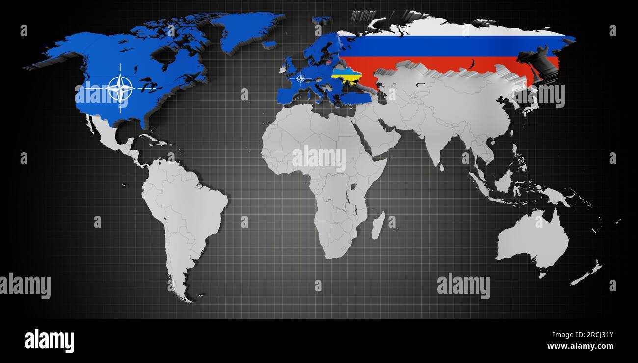 NATO member countries, Ukraine and Russia - map and flags - 3D ...