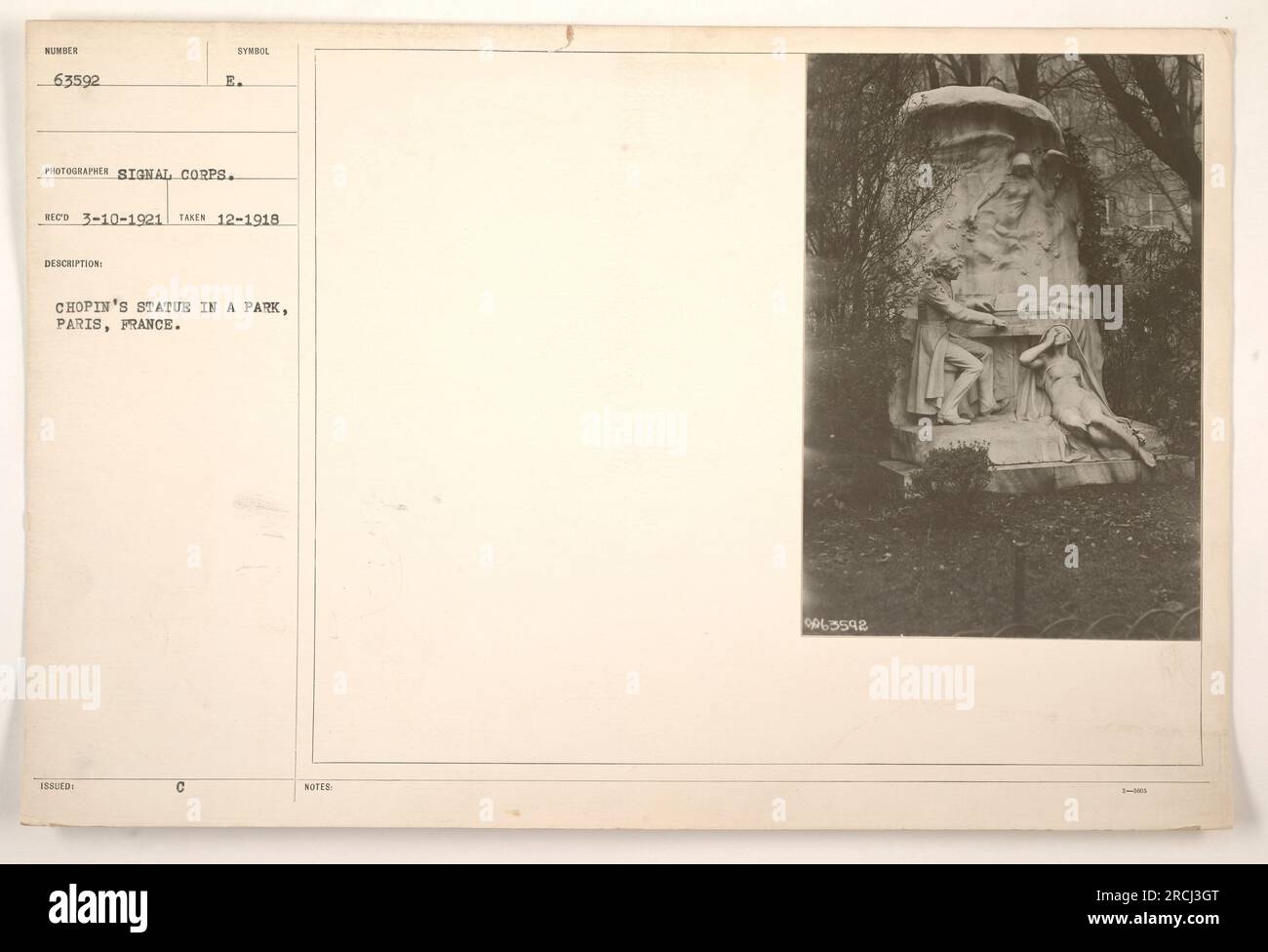 Chopin's statue in a park in Paris, France. The photograph was taken on ...