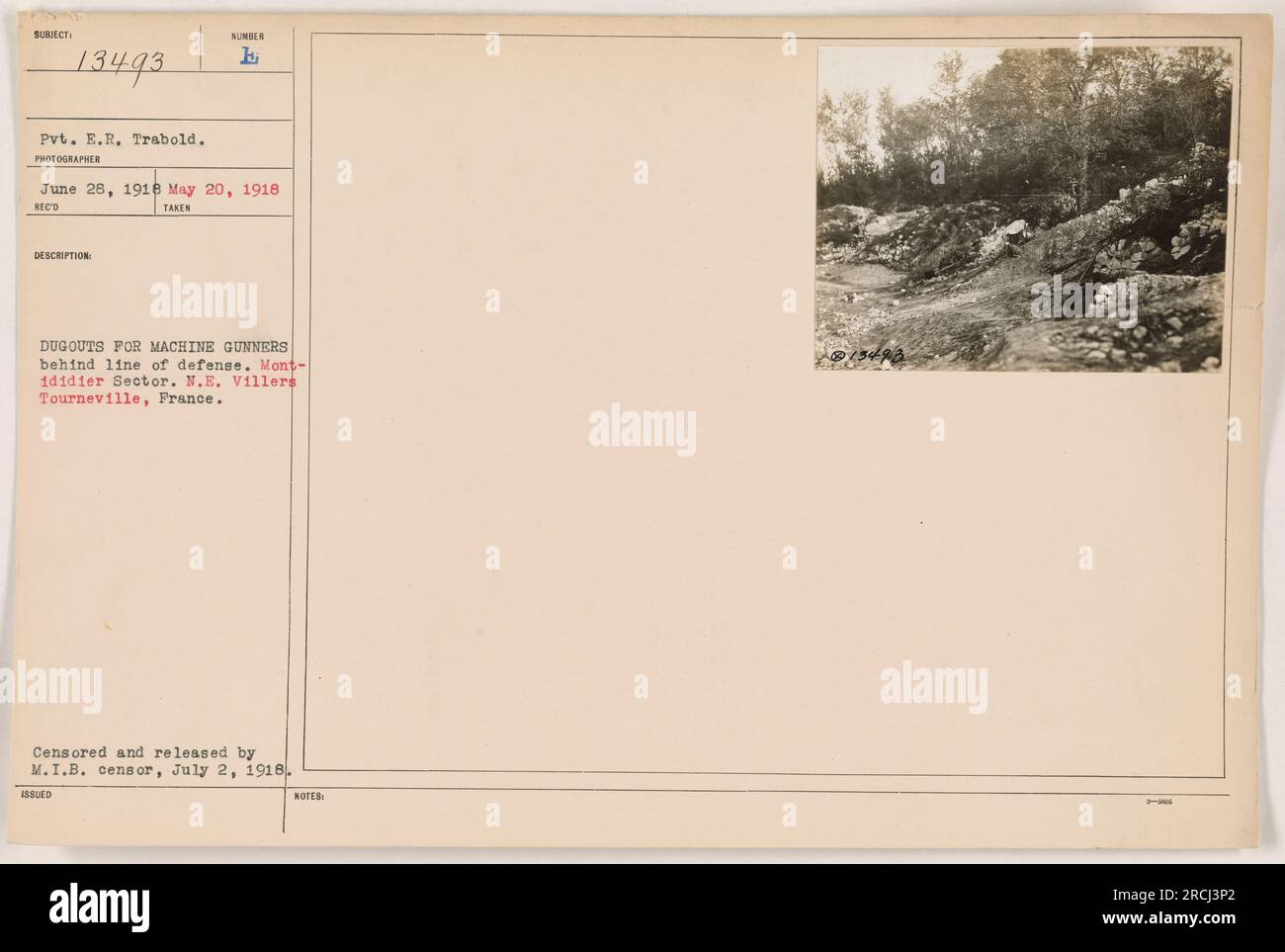 Pvt. E.R. Trabold photographed machine gunners' dugouts behind the line ...